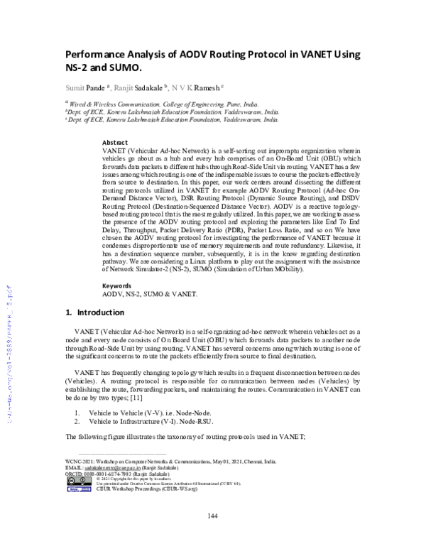 Pdf Performance Analysis Of Aodv Routing Protocol In Vanet Using Ns 2
