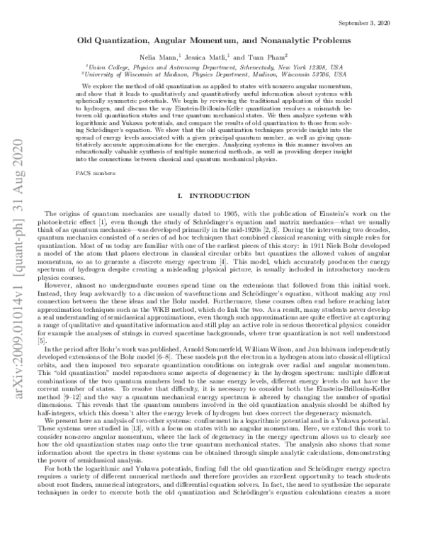 (PDF) Old Quantization, Angular Momentum, and Nonanalytic Problems