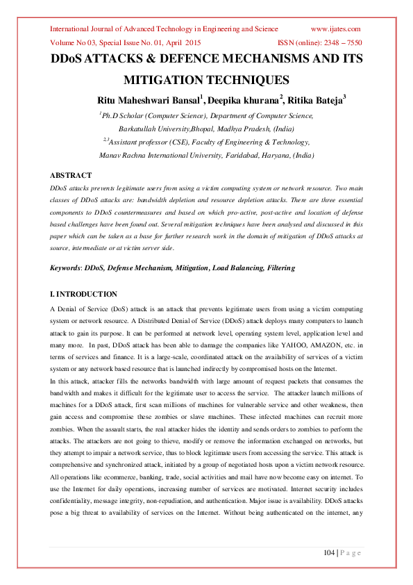 (PDF) DDoS ATTACKS & DEFENCE MECHANISMS AND ITS MITIGATION TECHNIQUES