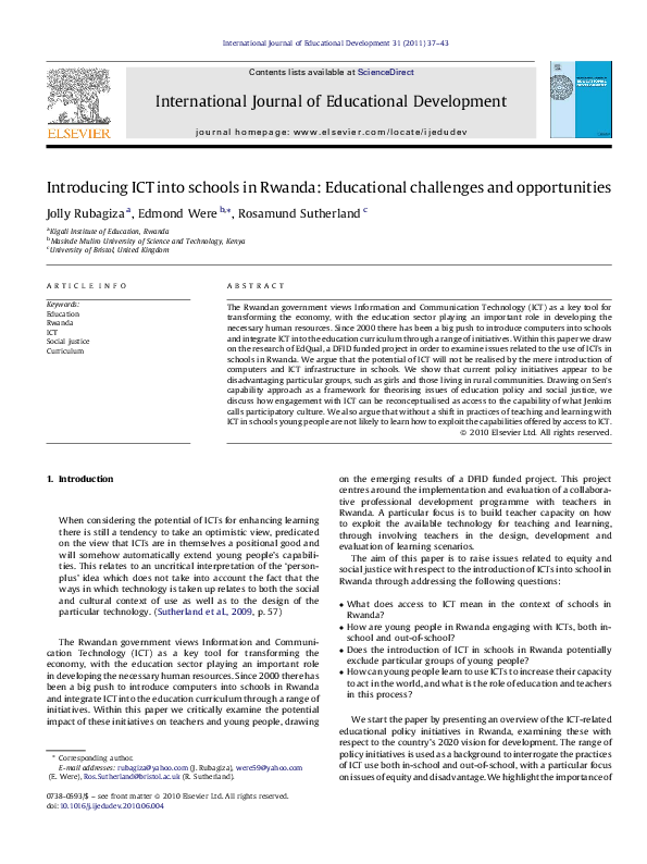 (PDF) Introducing ICT into schools in Rwanda: Educational challenges ...