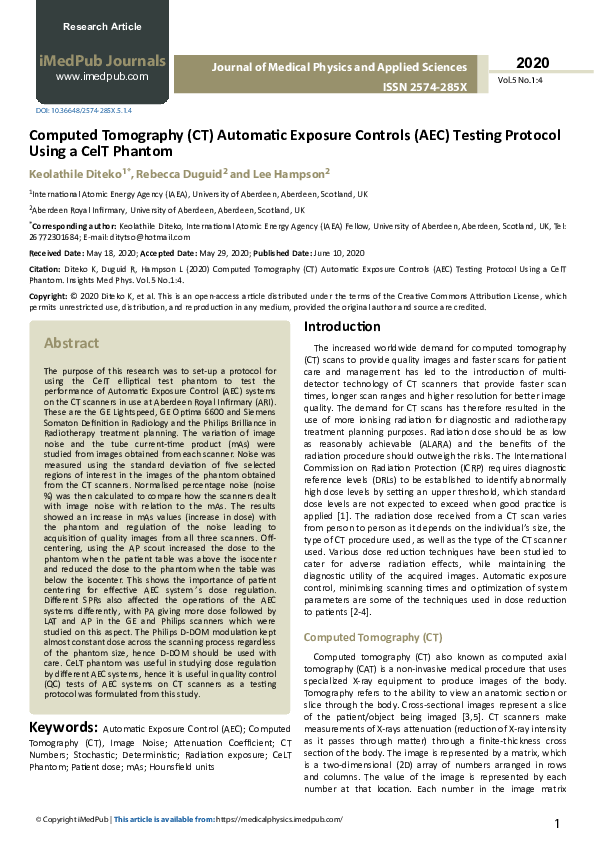 Pdf Computed Tomography Ct Automatic Exposure Controls Aec Testing Protocol Using A Celt