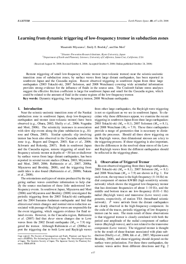 (PDF) Learning from dynamic triggering of low-frequency tremor in subduction zones
