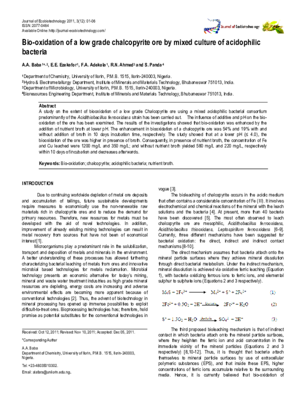 (PDF) Bio-oxidation of a low grade chalcopyrite ore by mixed culture of ...