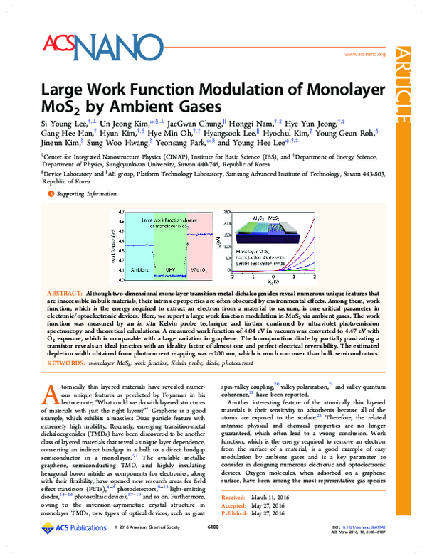 (PDF) Large Work Function Modulation of Monolayer MoS2 by Ambient Gases