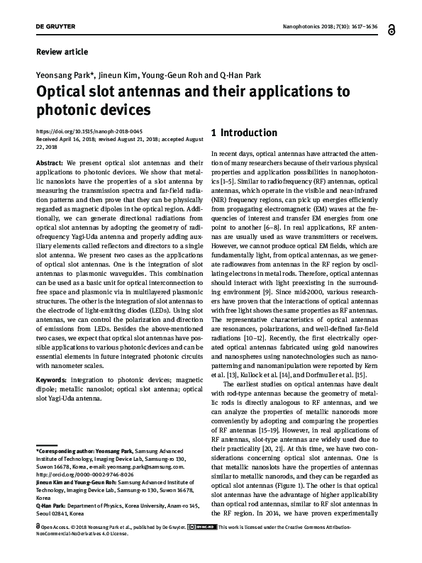 (PDF) Optical slot antennas and their applications to photonic devices