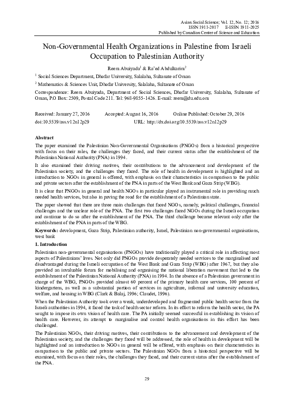 (PDF) Non-Governmental Health Organizations in Palestine from Israeli ...