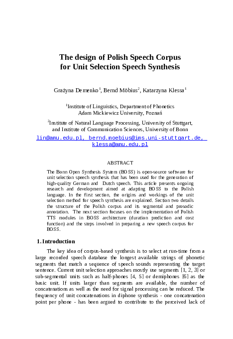 (PDF) The design of Polish Speech Corpus for Unit Selection Speech Synthesis | Grazyna Demenko ...