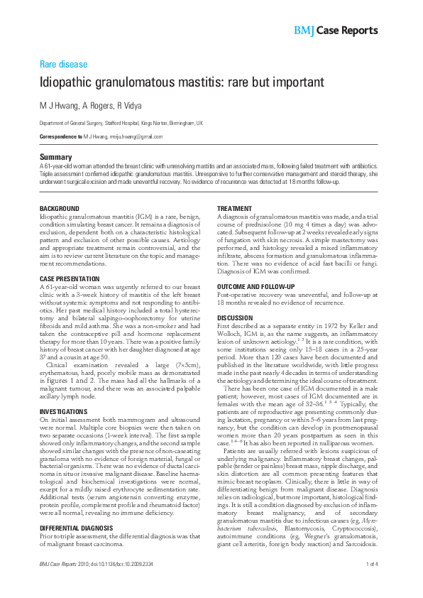 (PDF) Idiopathic granulomatous mastitis: rare but important
