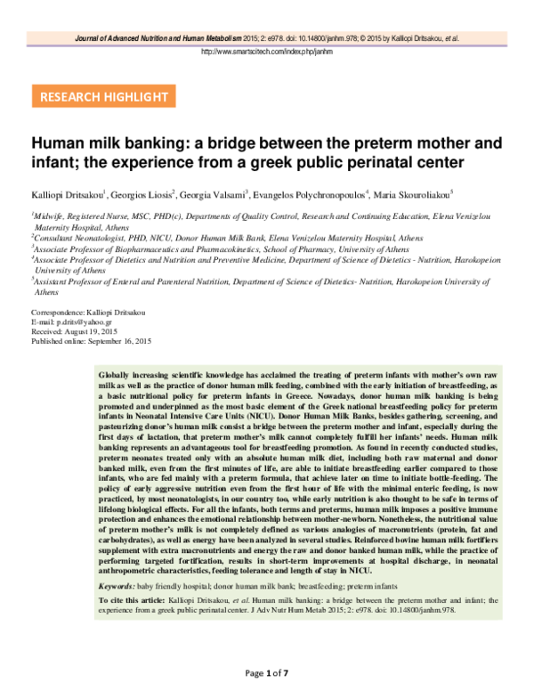 (PDF) Human Milk Banking: a bridge between the preterm mother and ...
