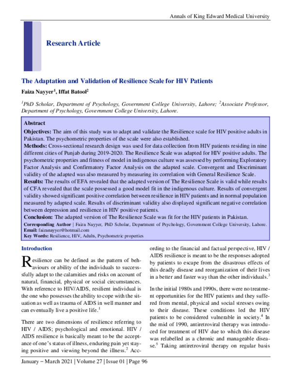 (PDF) The Adaptation and Validation of Resilience Scale for HIV Patients