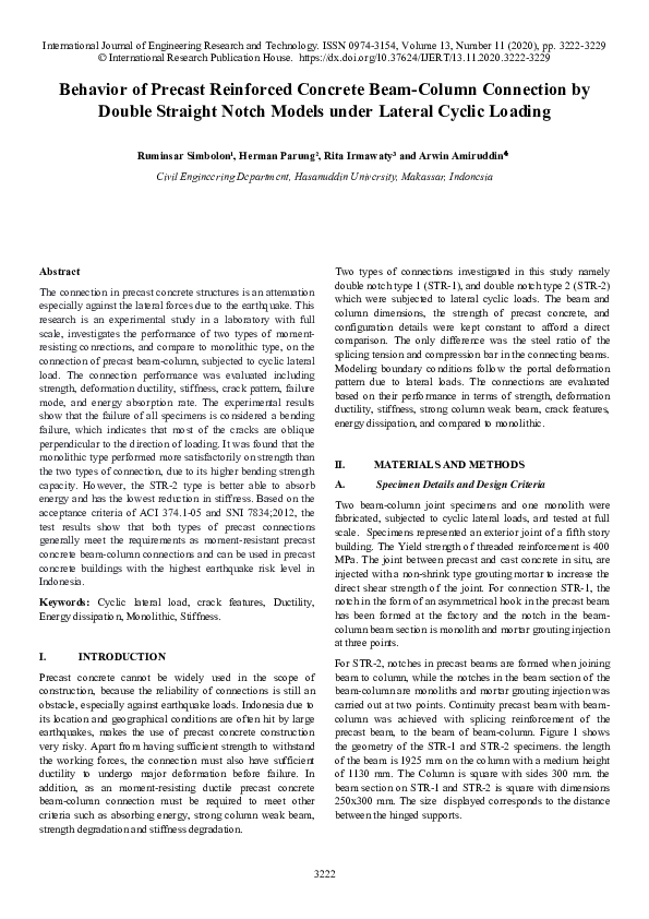 (PDF) Behavior of Precast Reinforced Concrete Beam-Column Connection by Double Straight Notch ...