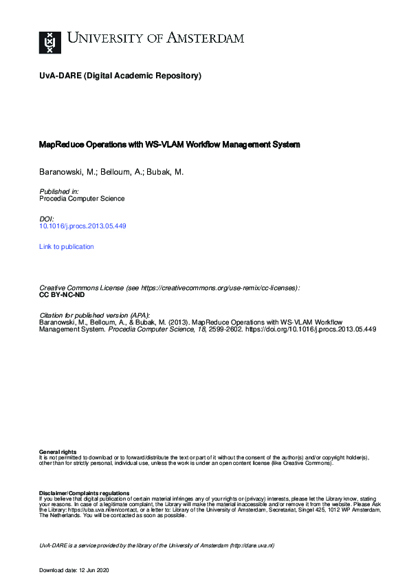 (PDF) MapReduce Operations with WS-VLAM Workflow Management System