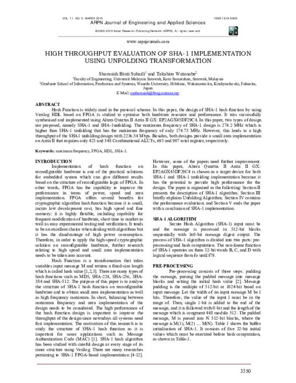 Pdf High Throughput Evaluation Of Sha 1 Implementation Using Unfolding Transformation