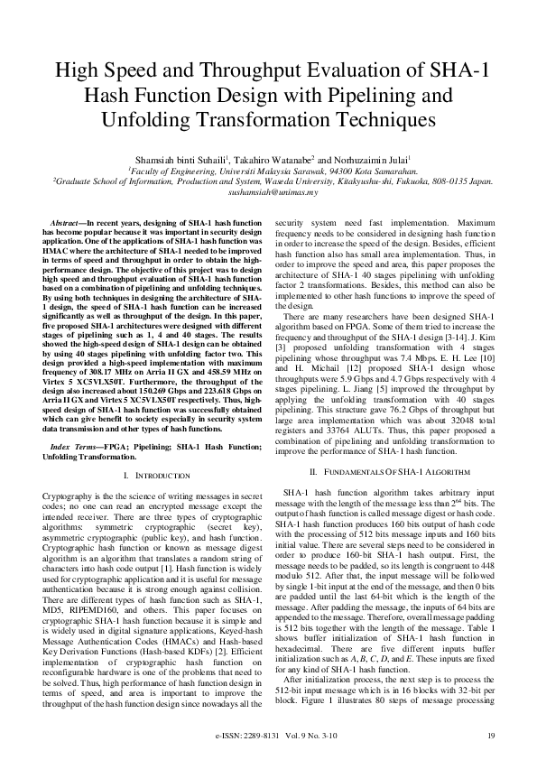 Pdf High Speed And Throughput Evaluation Of Sha 1 Hash Function Design With Pipelining And