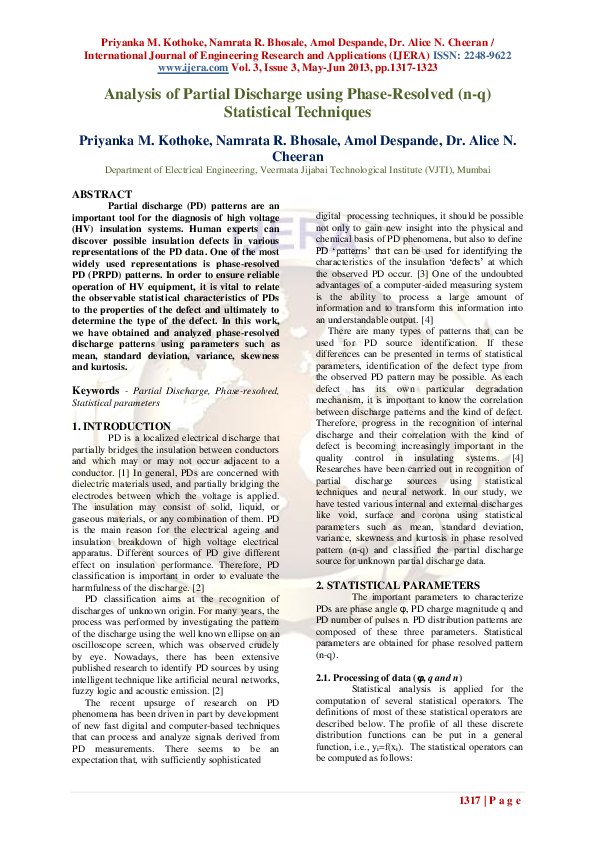 (PDF) Analysis of Partial Discharge using Phase-Resolved (n-q) Statistical Techniques