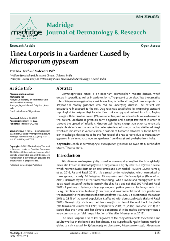 (PDF) Tinea Corporis in a Gardener Caused by Microsporum gypseum