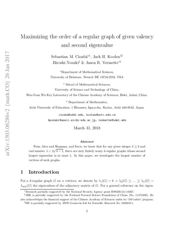 (PDF) Maximizing the Order of a Regular Graph of Given Valency and Second Eigenvalue
