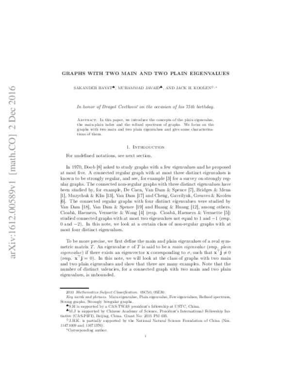 (PDF) Graphs with two main and two plain eigenvalues