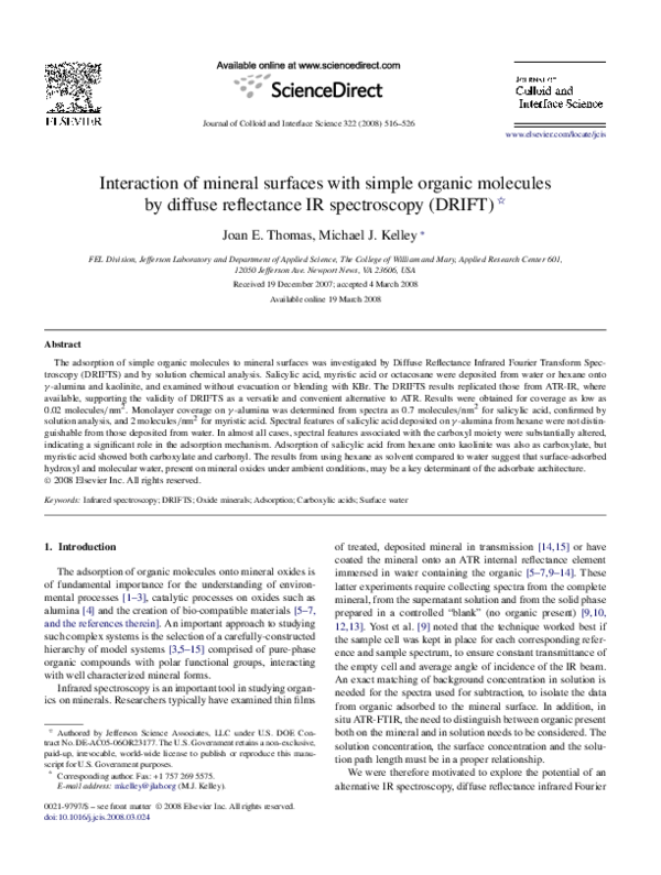 (PDF) Interaction of mineral surfaces with simple organic molecules by diffuse reflectance IR ...