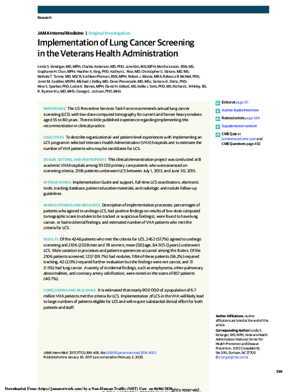 (PDF) Implementation of Lung Cancer Screening in the Veterans Health ...