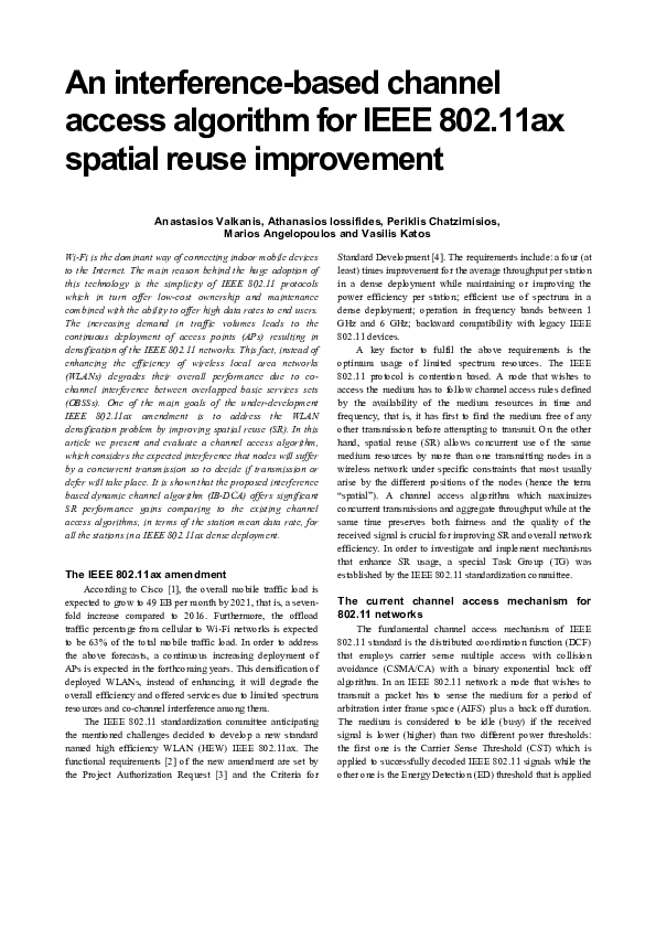 (PDF) IEEE 802.11ax Spatial Reuse Improvement: An Interference-Based Channel Access Algorithm
