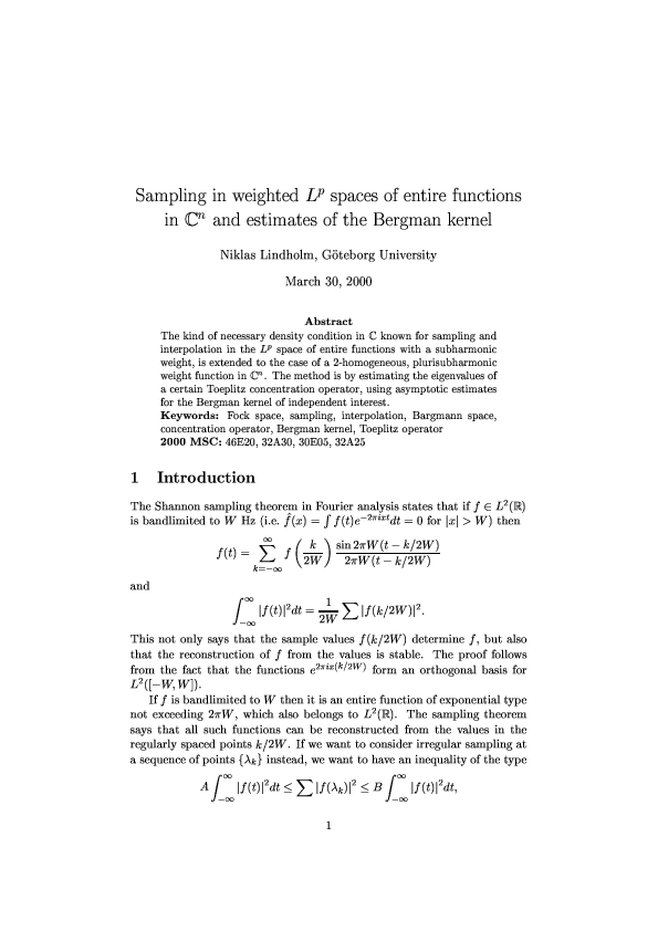 (PDF) Sampling in Weighted Lp Spaces of Entire Functions in Cn and ...