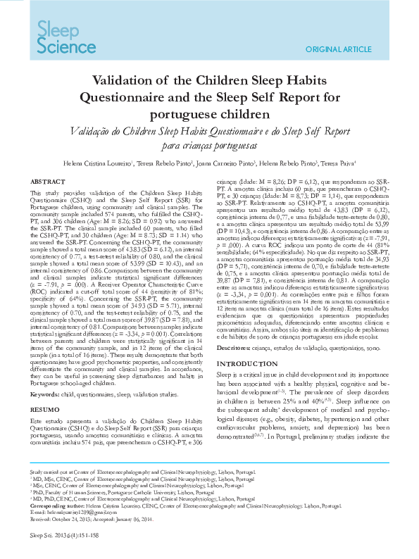 (PDF) Validation of the Children Sleep Habits Questionnaire and the ...