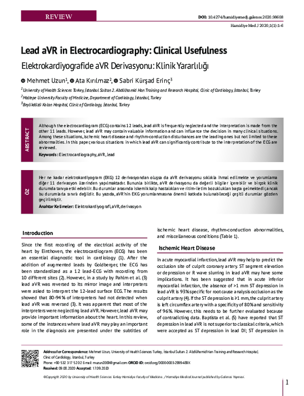 (PDF) Lead aVR in Electrocardiography: Clinical Usefulness