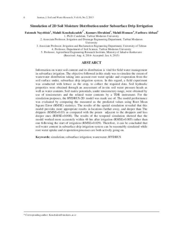 (PDF) Simulation of 2D Soil Moisture Distribution under Subsurface Drip Iirrigation