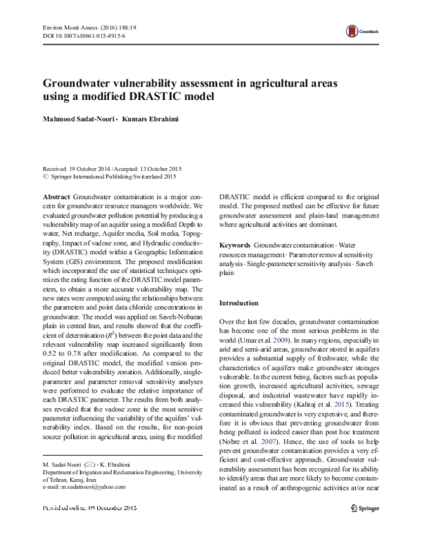 Pdf Groundwater Vulnerability Assessment In Agricultural Areas Using A Modified Drastic Model