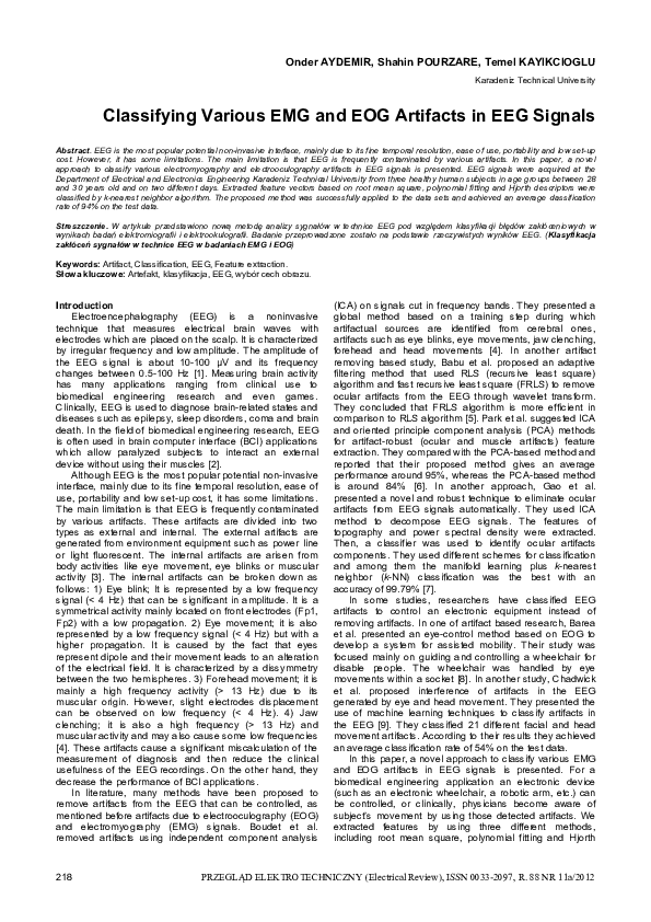 Pdf Classifying Various Emg And Eog Artifacts In Eeg Signals