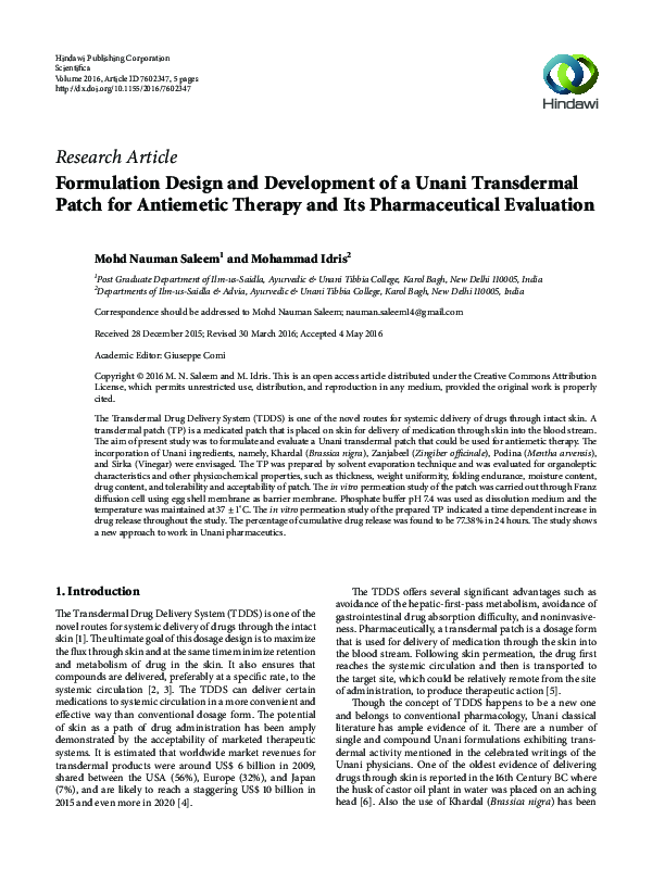 (PDF) Formulation Design and Development of a Unani Transdermal Patch ...