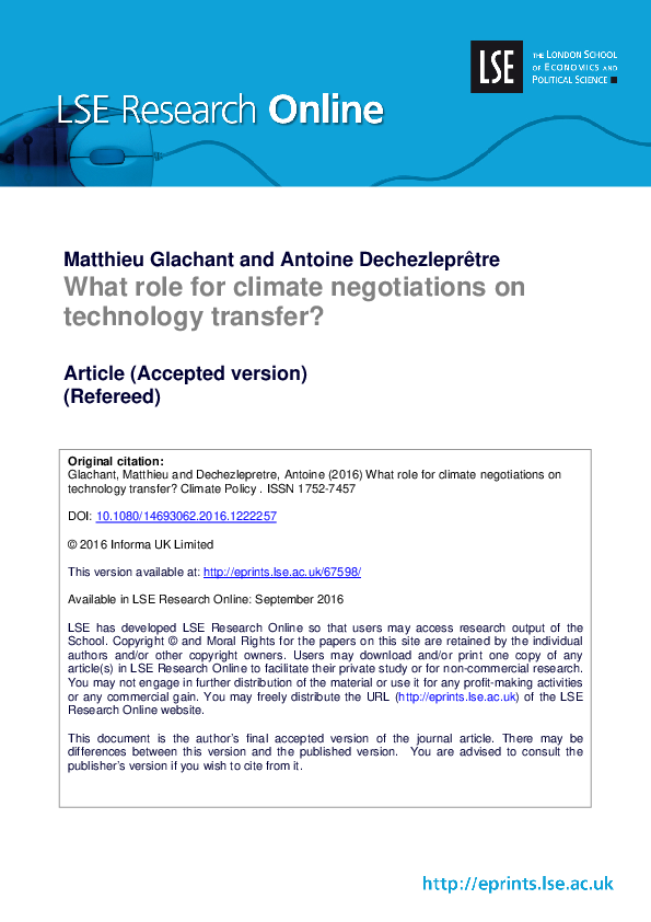 (PDF) What role for climate negotiations on technology transfer?