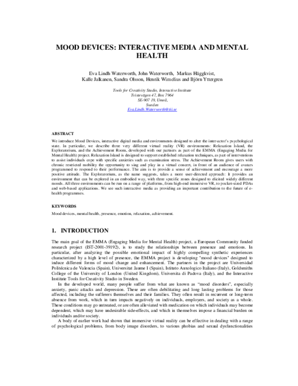 (PDF) Mood Devices : Interactive media and mental health