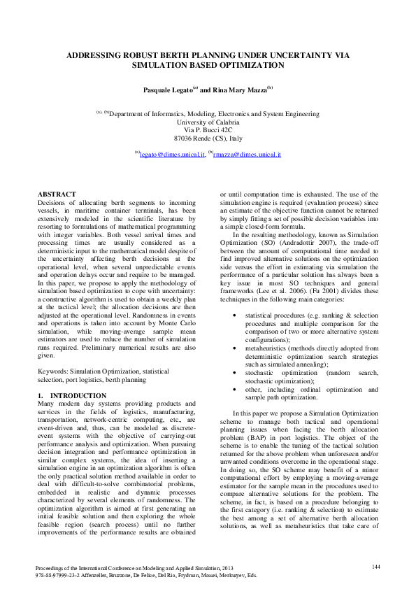 (PDF) Addressing robust berth planning under uncertainty via simulation based optimization ...