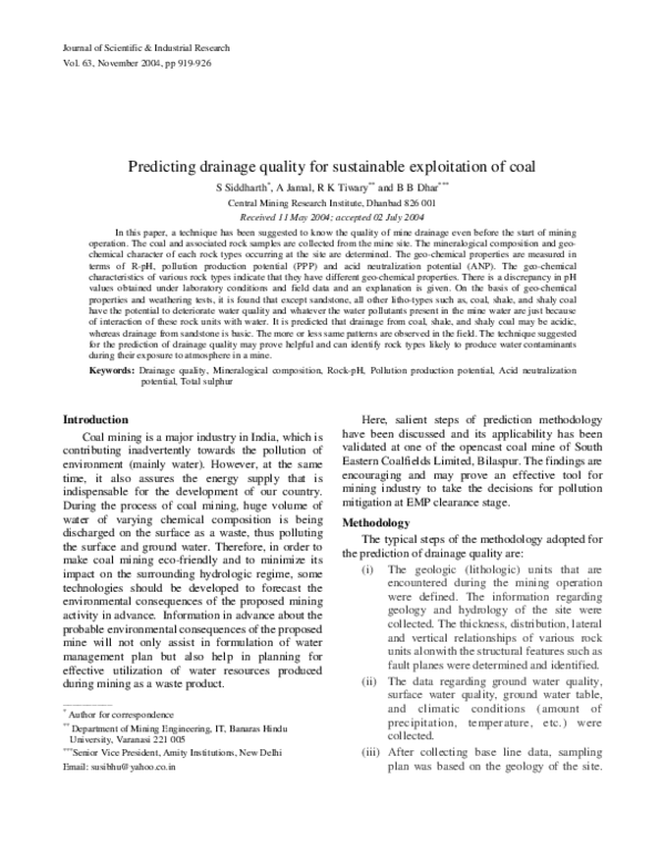 Pdf Predicting Drainage Quality For Sustainable Exploitation Of Coal