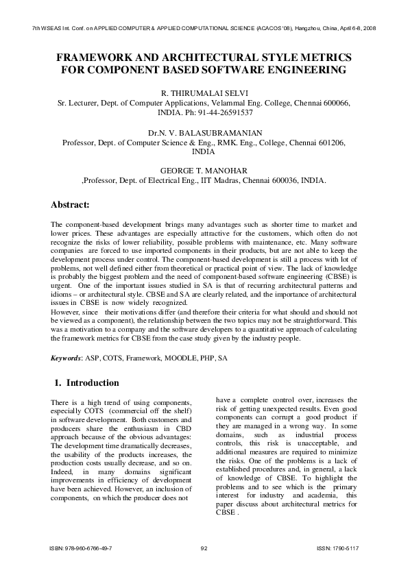(PDF) Framework and Architectural Style Metrics for Component Based Software Engineering