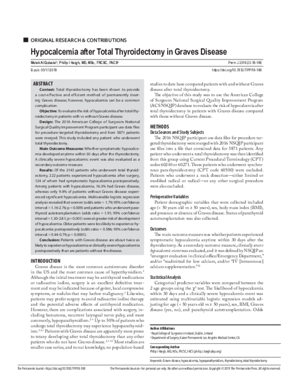(PDF) Hypocalcemia after Total Thyroidectomy in Graves Disease