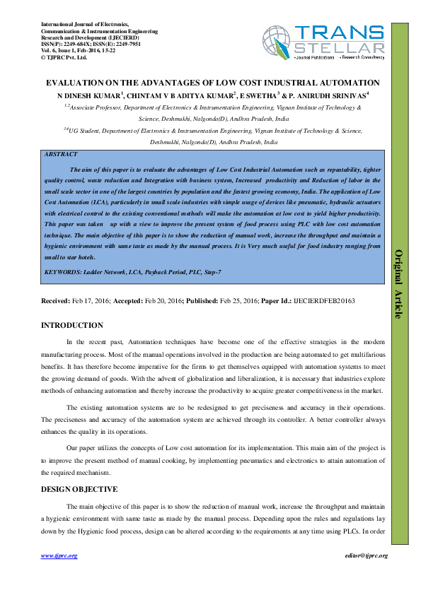 (PDF) Evaluation on the Advantages of Low Cost Industrial Automation