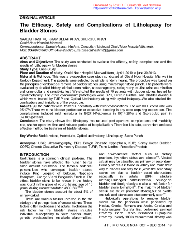 (PDF) The Efficacy, Safety and Complications of Litholapaxy for Bladder ...