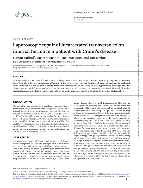 (PDF) Laparoscopic repair of incarcerated transverse colon internal ...