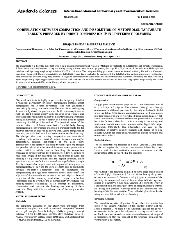 (PDF) CORRELATION BETWEEN COMPACTION AND DISSOLUTION OF METOPROLOL ...