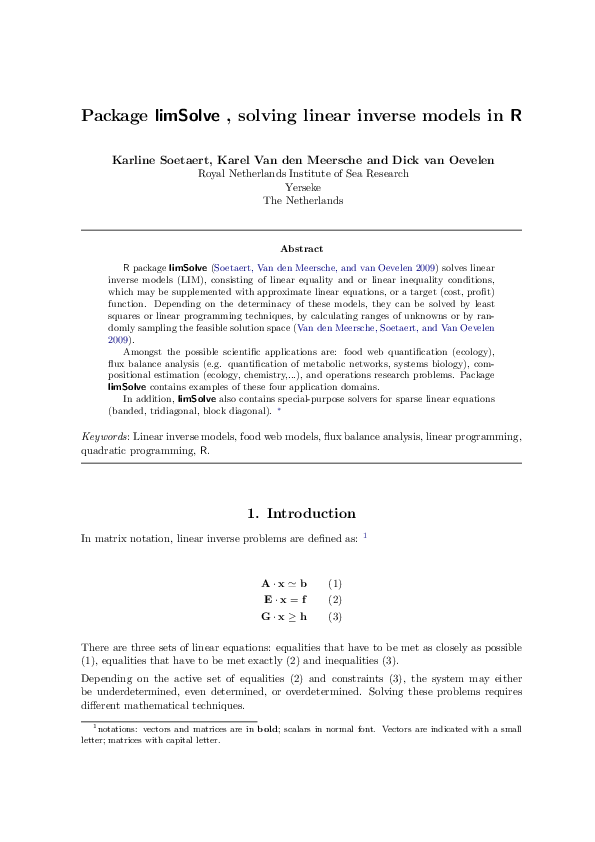 (PDF) Package limSolve , solving linear inverse models in R