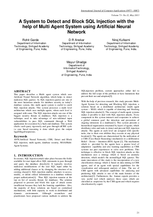(PDF) A System to Detect and Block SQL Injection with the help of Multi Agent System using ...