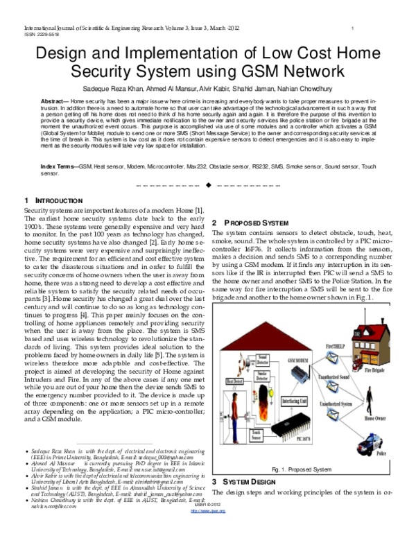 Pdf Design And Implementation Of Low Cost Home Security System Using