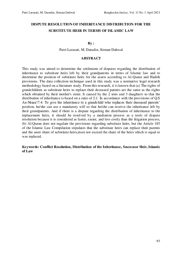 (PDF) Dispute Resolution of Inheritance Distribution for the Substitute ...