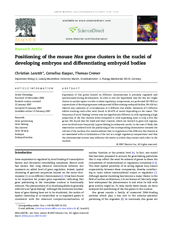 (PDF) Positioning of the mouse Hox gene clusters in the nuclei of ...