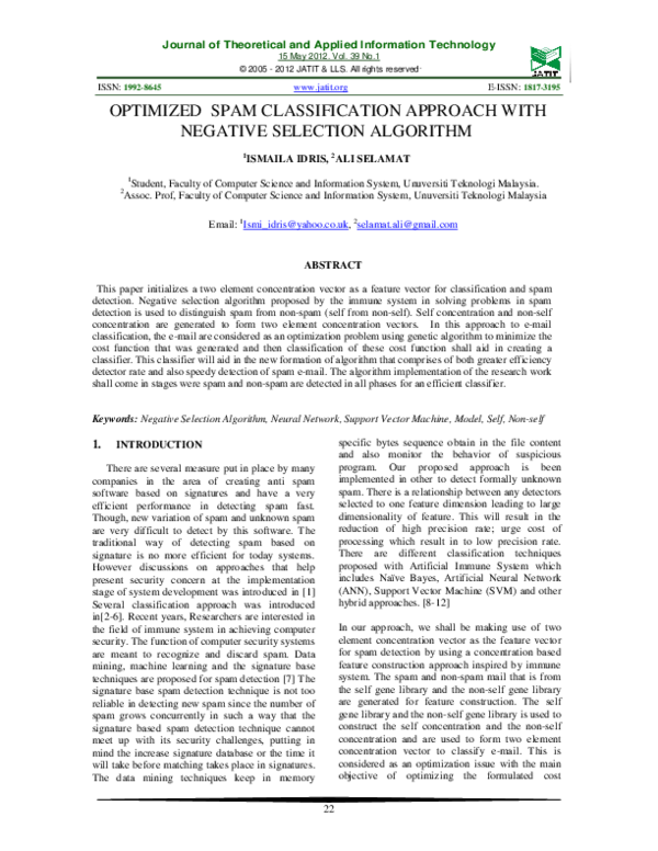 (PDF) Optimized Spam Classification Approach with Negative Selection Algorithm