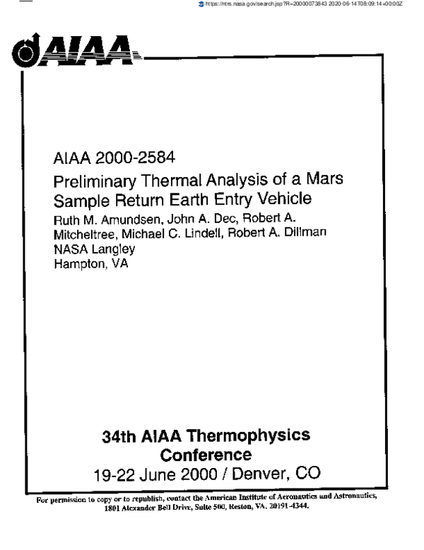 (PDF) Preliminary Thermal Analysis of a Mars Sample Return Earth Entry ...