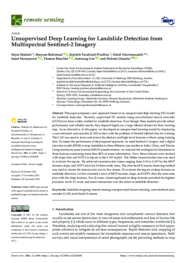 Pdf Unsupervised Deep Learning For Landslide Detection From Multispectral Sentinel 2 Imagery